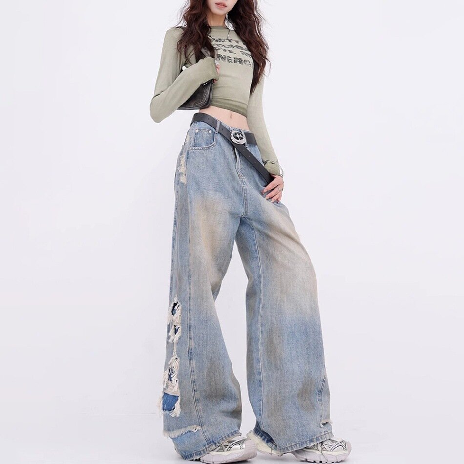 Женские джинсы LI Mall Ошитые винтажные с кисточками — пэчворк рваные свободные драпировочные штаны, Размер_2XL