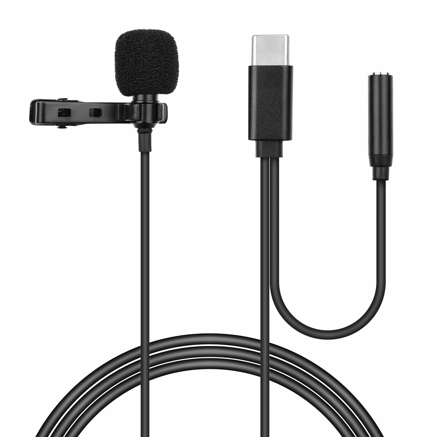 Микрофон лавальный накладной конденсаторный с функцией мониторинга Type-C всестороннего направления длиной кабеля 1,5 метр для ноутбука смартфона планшета камеры с портом Type-C черного цвета