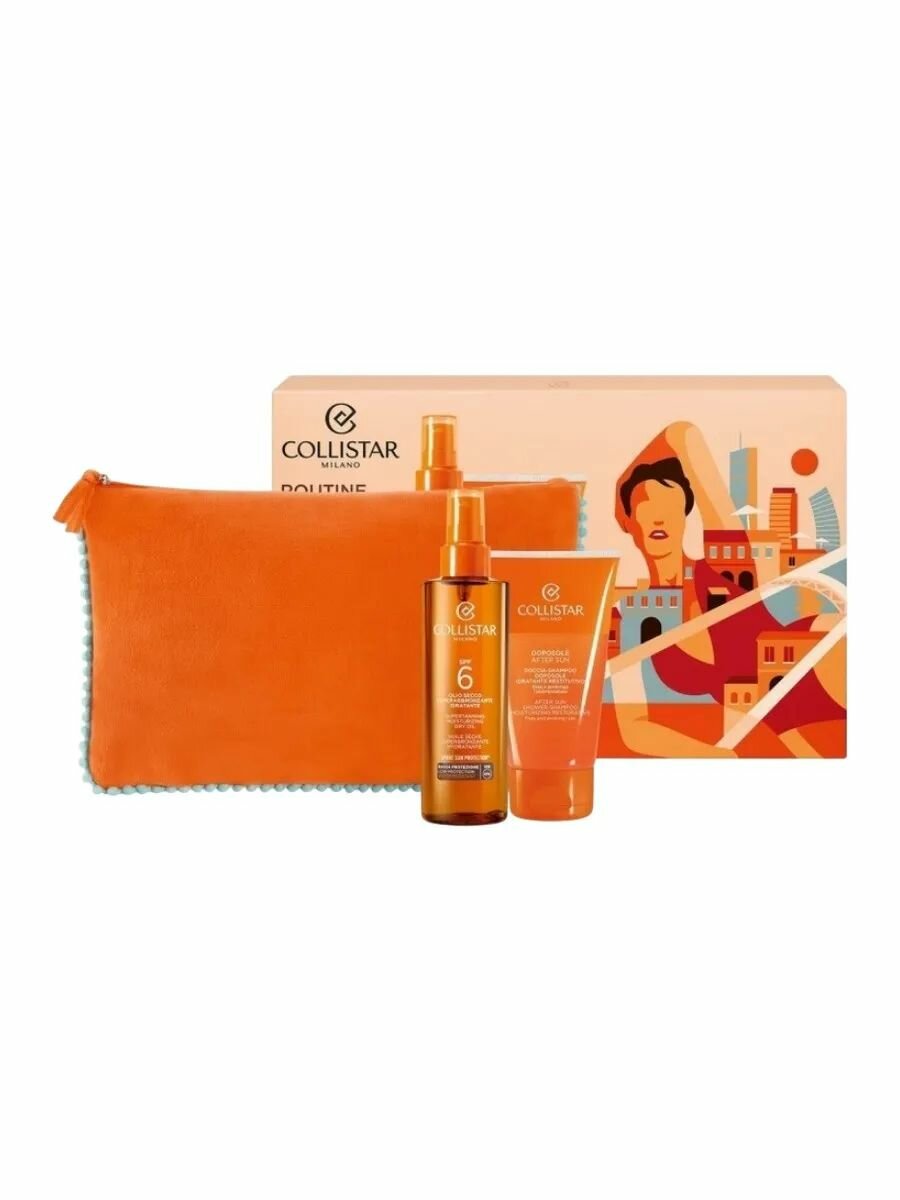 Collistar - Набор Для Суперзагара 2025 Moisturizing Dry Oil SPF6 200 ml + After-Sun Shower Shampoo 150 ml + Сумочка