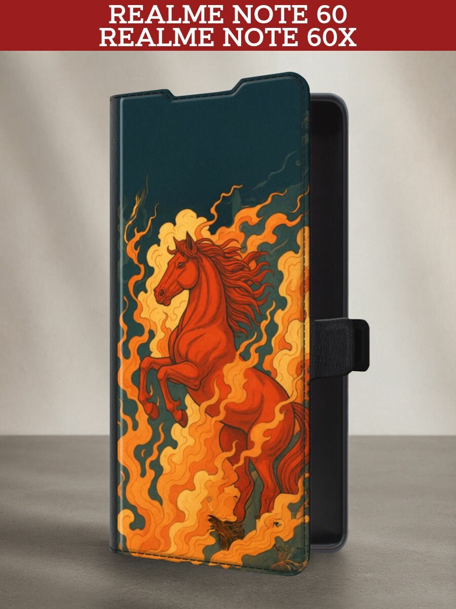 Чехол-книжка на Realme Note 60/Note 60X / Реалми Нот 60/Нот 60Х с рисунком Конь в закатных облаках, черный