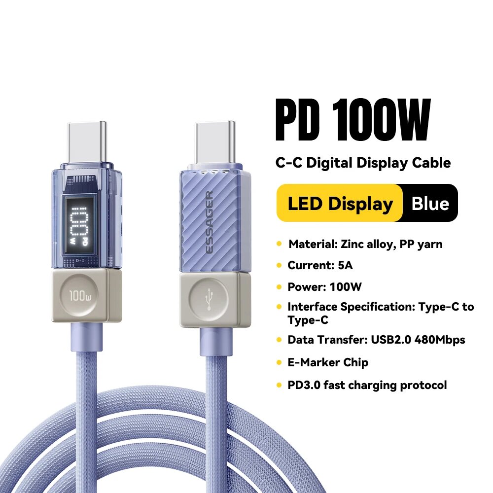 Essager 240 Вт Тип C к Типу C Кабель 100 Вт Быстрая зарядка Цифровой дисплей 1 м, 100W C To C Blue