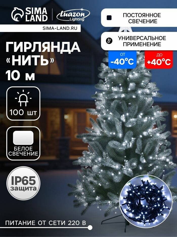 Гирлянда Luazon Lighting темная каучуковая нить, 10 м, IP65, УМС, 100 LED, свечение белое, 220 В