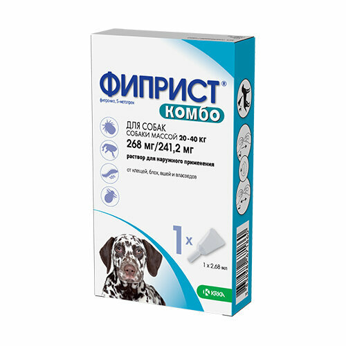 Для собак весом krka фиприст комбо капли на холку от Иксодовых клещей, блох, вшей и власоедов 1 пипетка от 20 до 40 кг