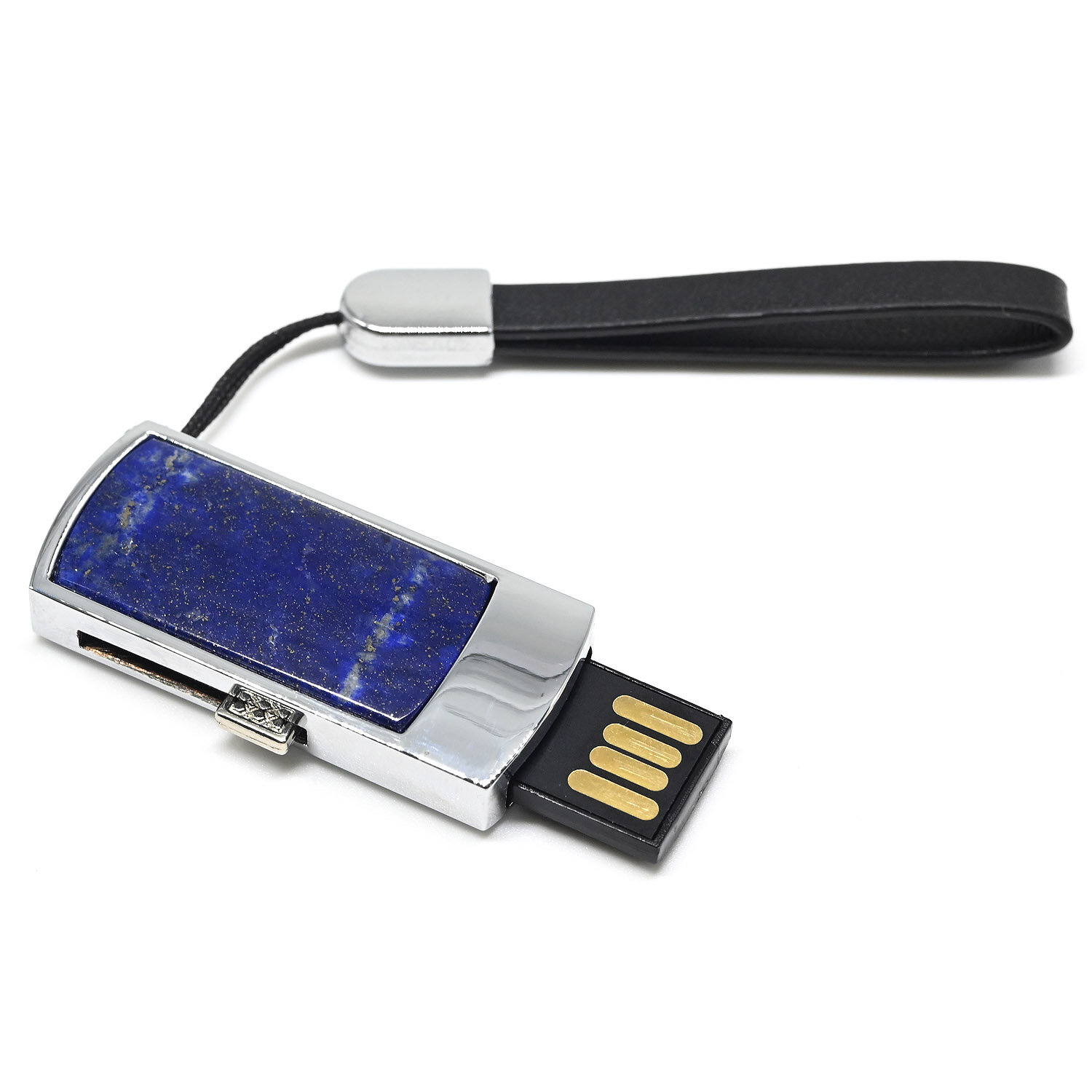 Флеш карта USB с камнем лазурит афганский, 64GB, серебристая.