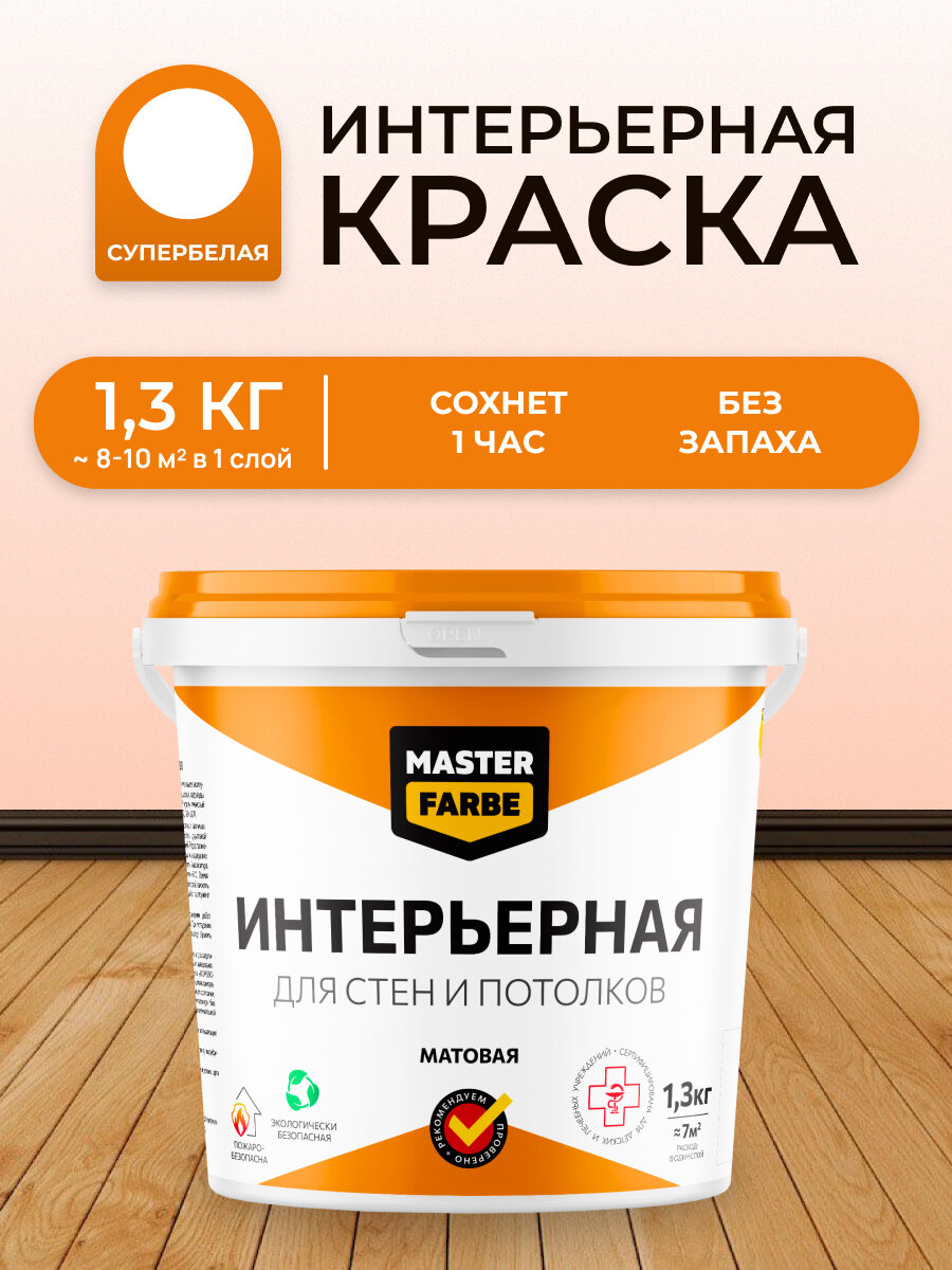 Краска интерьерная для стен и потолков Masterfarbe белый, 1,3 кг