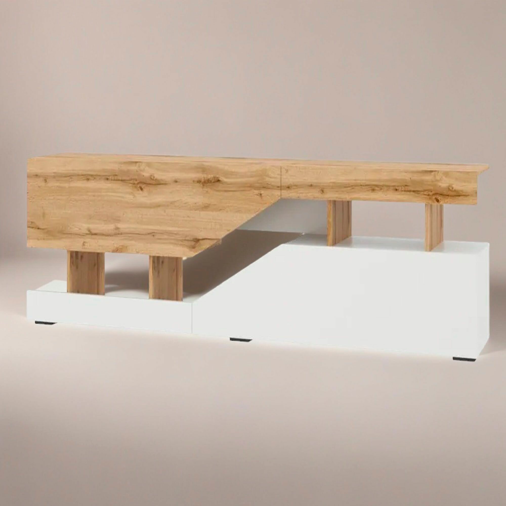 Тумба под ТВ Дубай Белый жемчуг / Дуб Вотан ширина 200 см ЛДСП с полками для гостиной в спальню