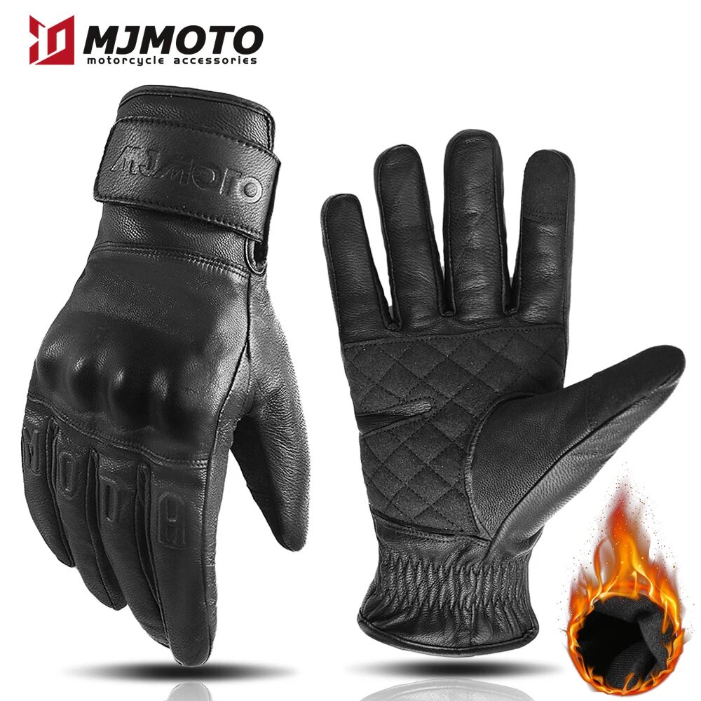Кожаные мотоперчатки MJMoto, теплые, флисовая подкладка