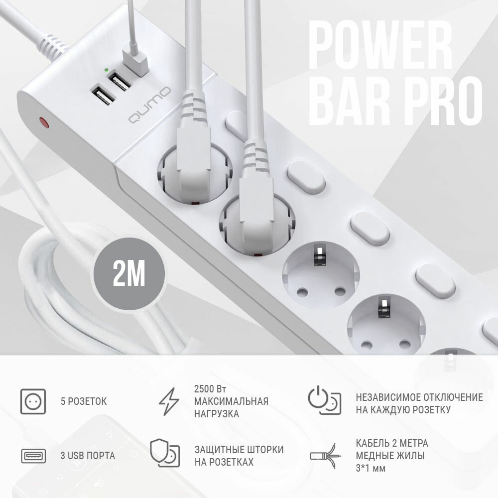 Сетевой фильтр QUMO Power Bar PRO 5 розеток с 3USB (с предохранителем, заземлением и защитными шторками), провод 2 метра, разъемы для удобного крепления на стену