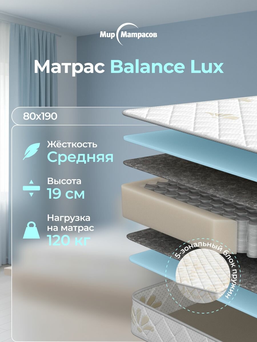 Матрас анатомический 80х190 Balance Lux, Зональный пружинный блок