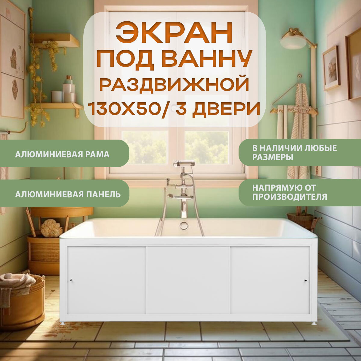 Экран под ванну Акварель 130х50см белый, с раздвижными дверцами из композита, рама из алюминиевого профиля. 3 дверцы.