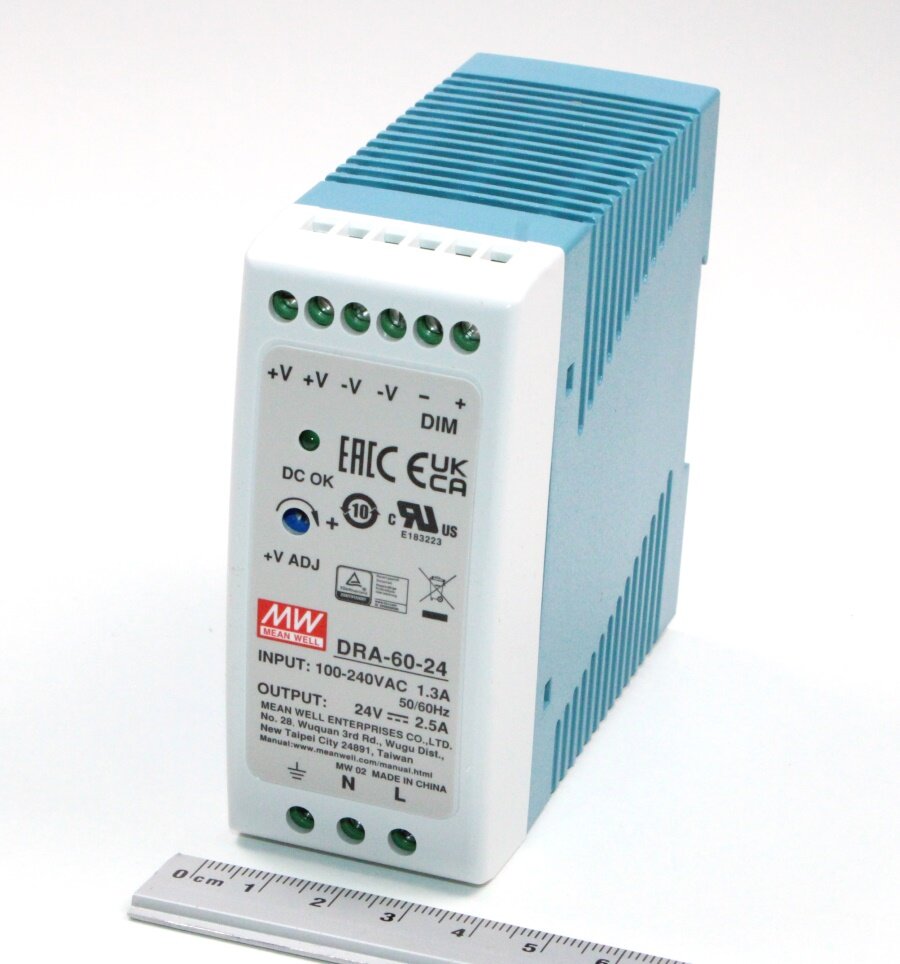 24V, 60W, 2.5A, 90-264VAC DRA-60-24, Модуль питания сетевой (блок питания на DIN рейку), MW