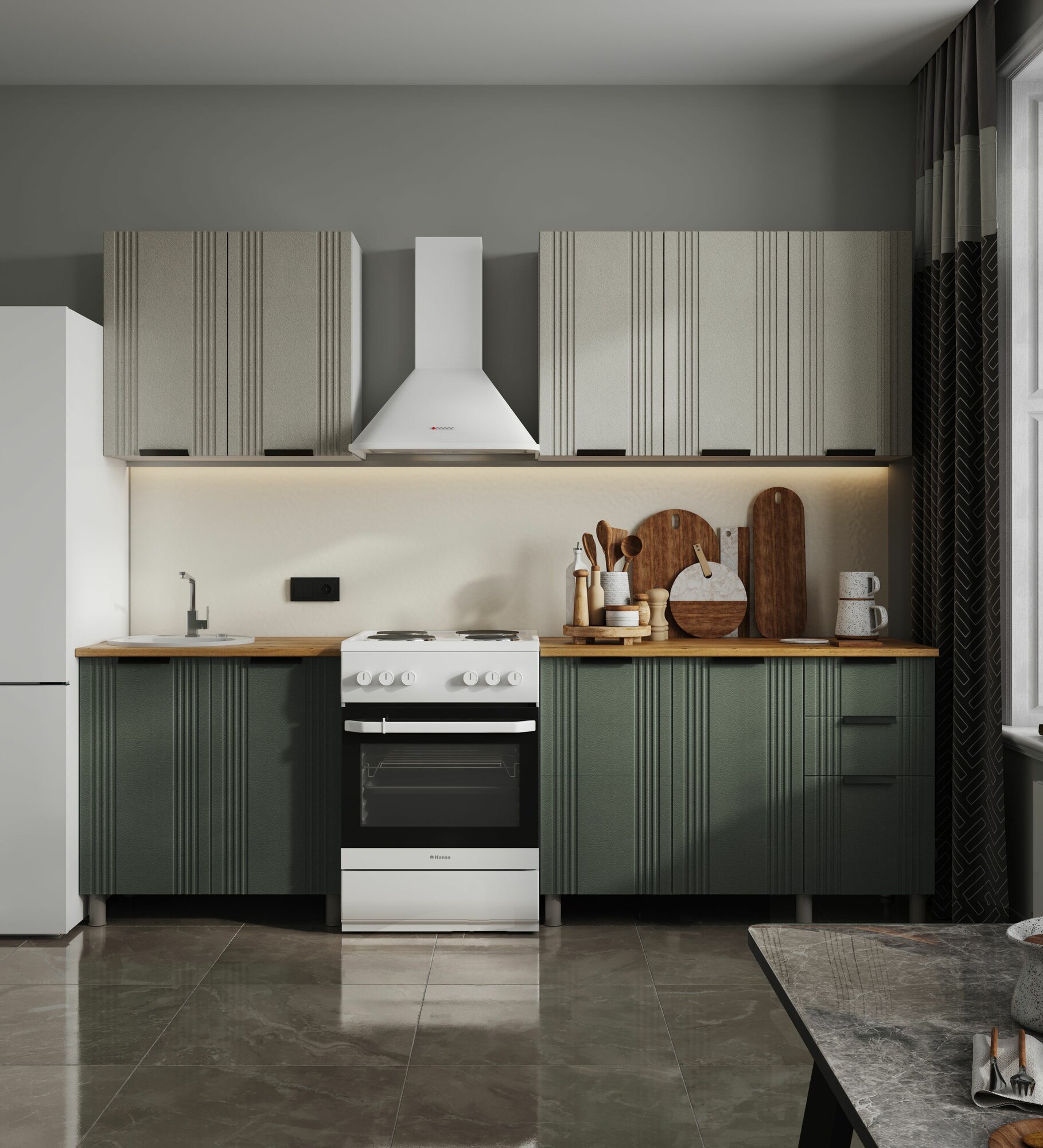 Кухонный гарнитур Монти (Корпус: 2,0 м белый + Фасад: "Монти" 2,0 м Лофт мята/Лофт капучино) (Микон)