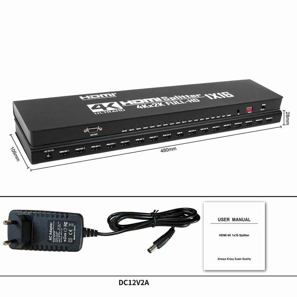 HDMI-разветвитель 4K/60Hz, HDR, 1 вход/16 выходов, HDMI 2.0, EDID, RS232 (ORIENT HSP0116HV2-2.0)