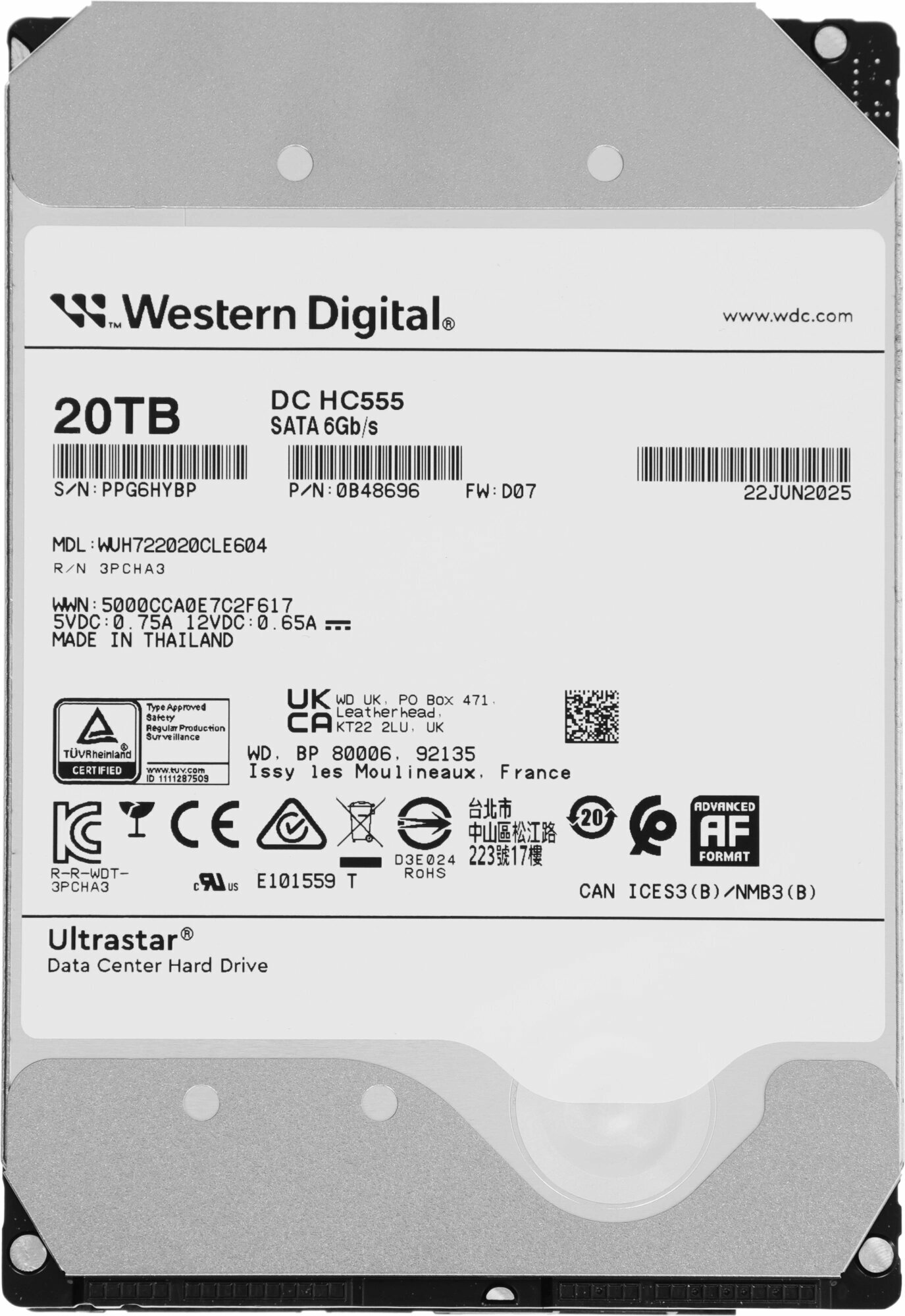 Жесткий диск WD SATA-III 20TB 0B48696 WUH722020CLE604 Ultrastar DC HC555 512E, 3.5"