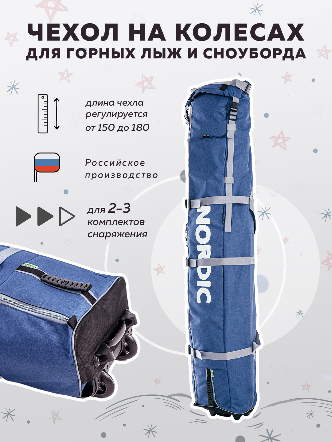 Чехол для сноуборда 150-180 см с колесами Nordic SB3 светло-синий