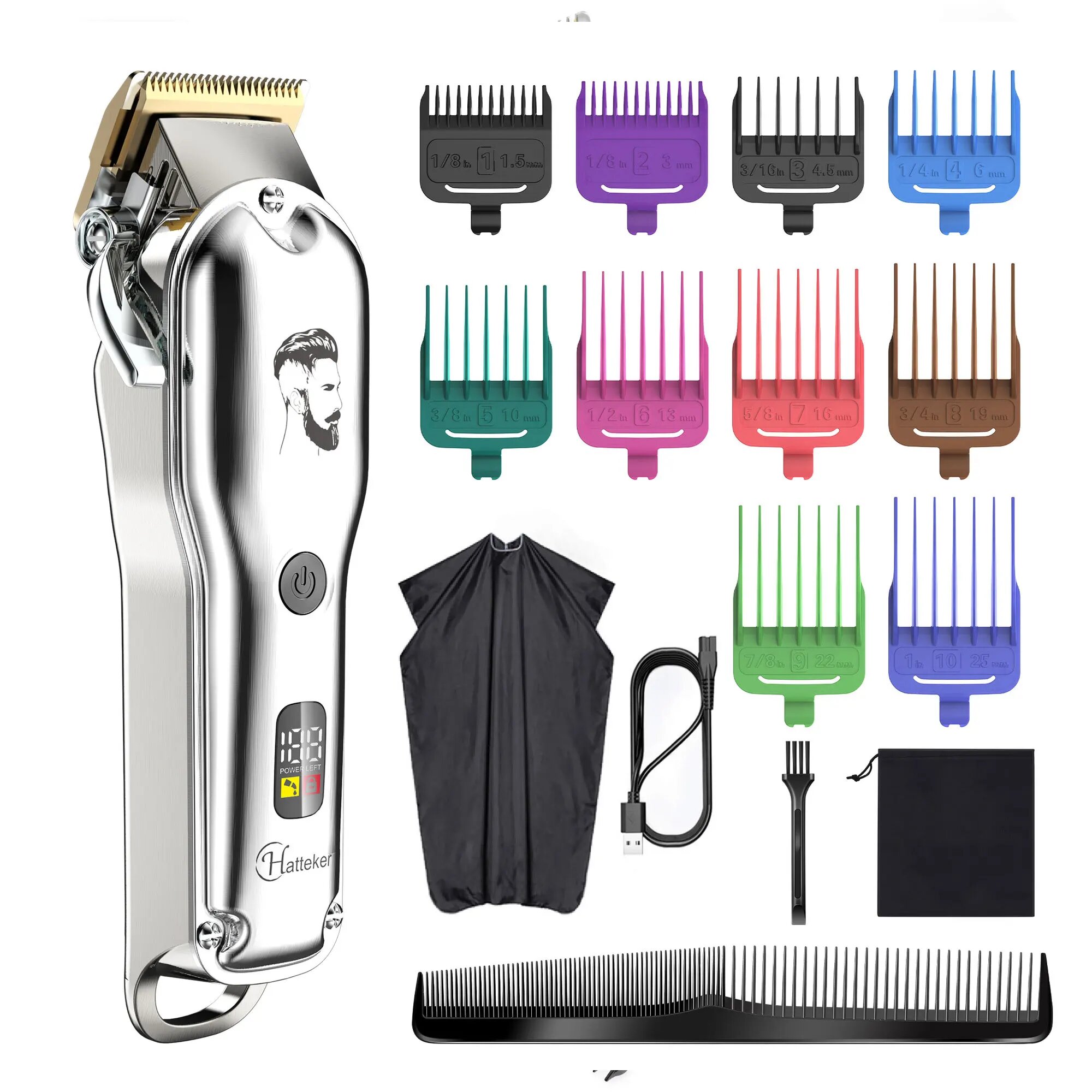 HATTEKER профессиональная машинка для стрижки волос, мужская металлическая стрижка, набор для ухода за волосами, триммер для бороды для стилистов, цветная расческа