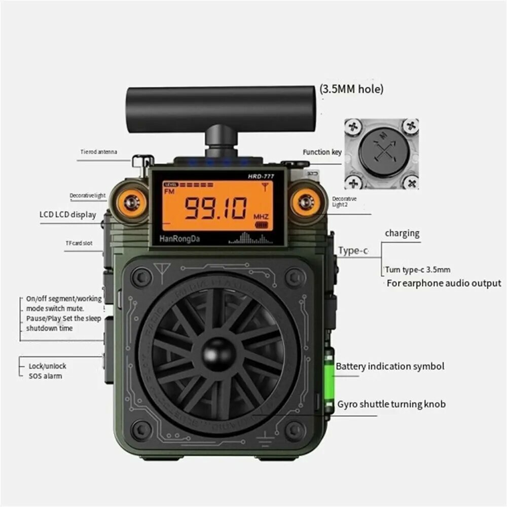 HanRongDa HRD-777 FM MW SW VHF WB Полнодиапазонный Bluetooth-Радиоприемник