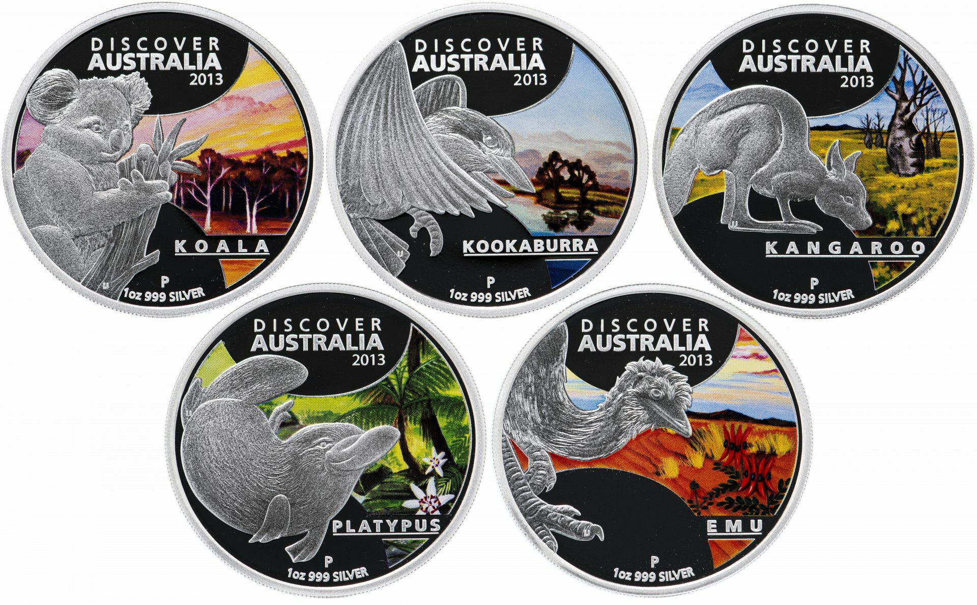 Австралия 1 доллар 2013 набор из 5 ти монет "Открой Австралию: Утконос, Кукабара, Кенгуру, Коала, Страус Эму" в футляре с сертификатом, Серебро 999