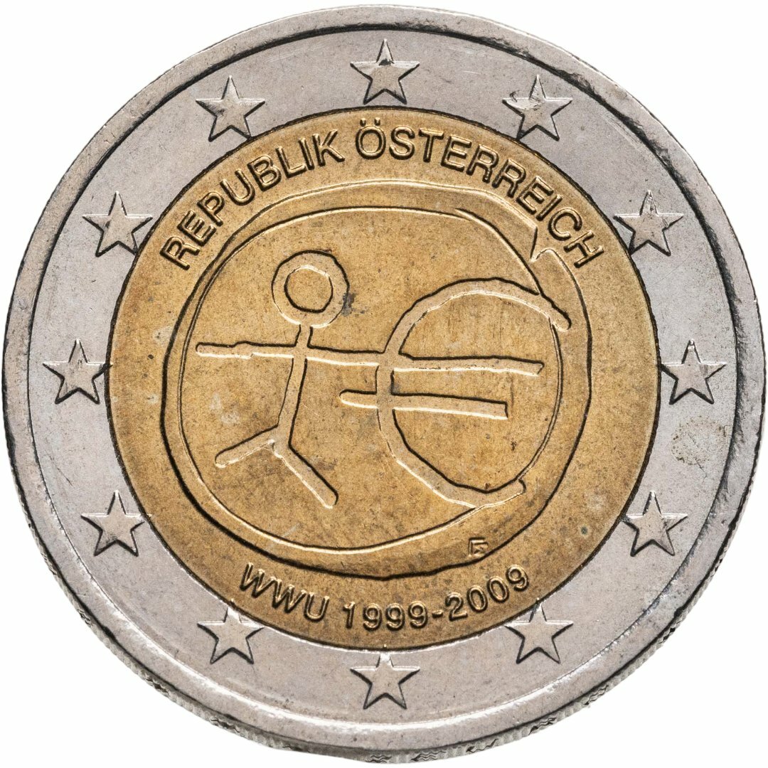 Австрия 2 евро 2009 "10 лет Экономическому и валютному союзу", Биметалл, в сохранности AU