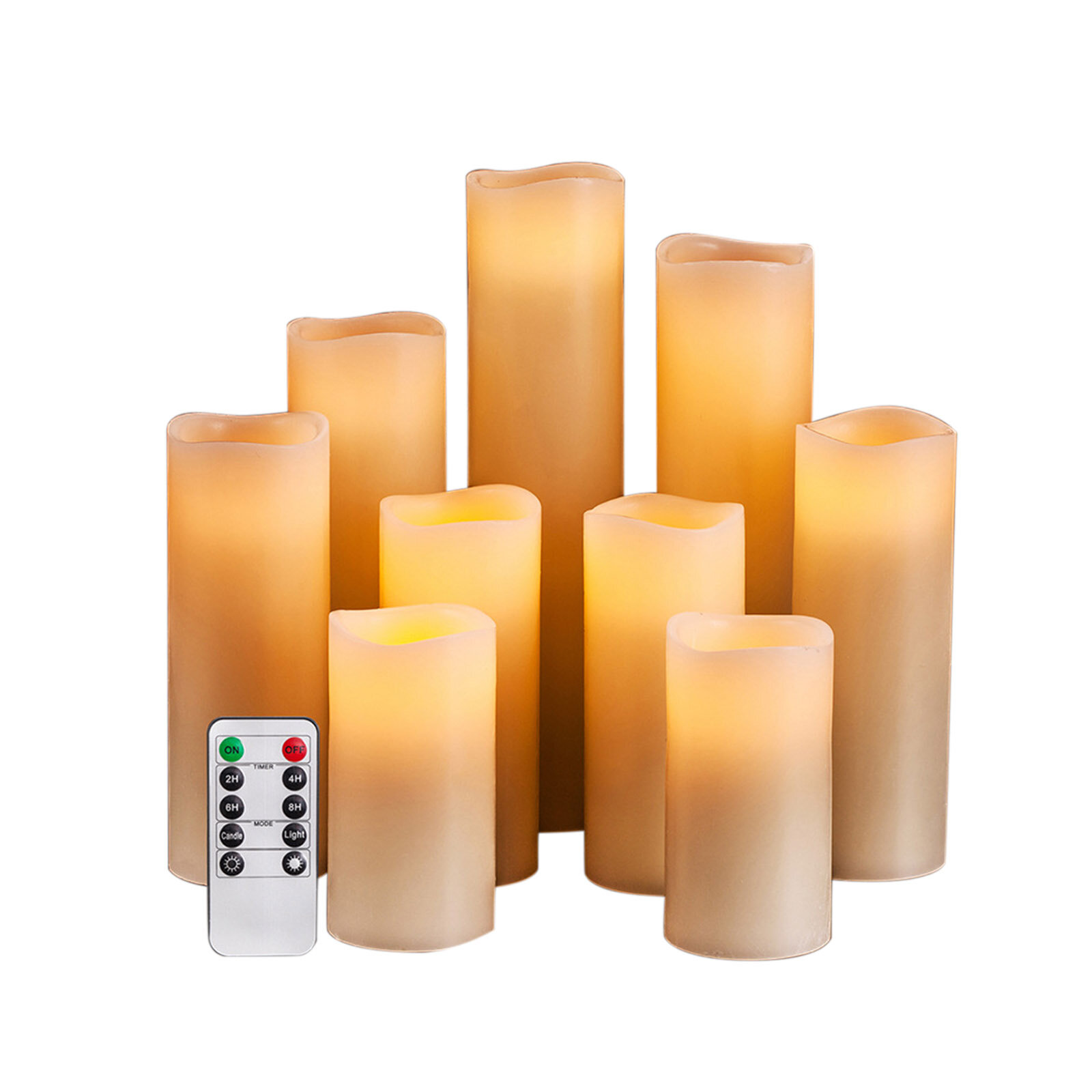 Фламелесс LED Candle Light, батарейное, с мигающим огоньком, имитация свечей, 9 штук, парафин, белый цвет, размеры свечей 5.5*12.5cm/5.5*10cm/5.5*15cm/5.5*17.5cm/5.5*20cm/5.5*22.5cm, материал парафин и электронные компоненты, вес упаковки 1600g, размер