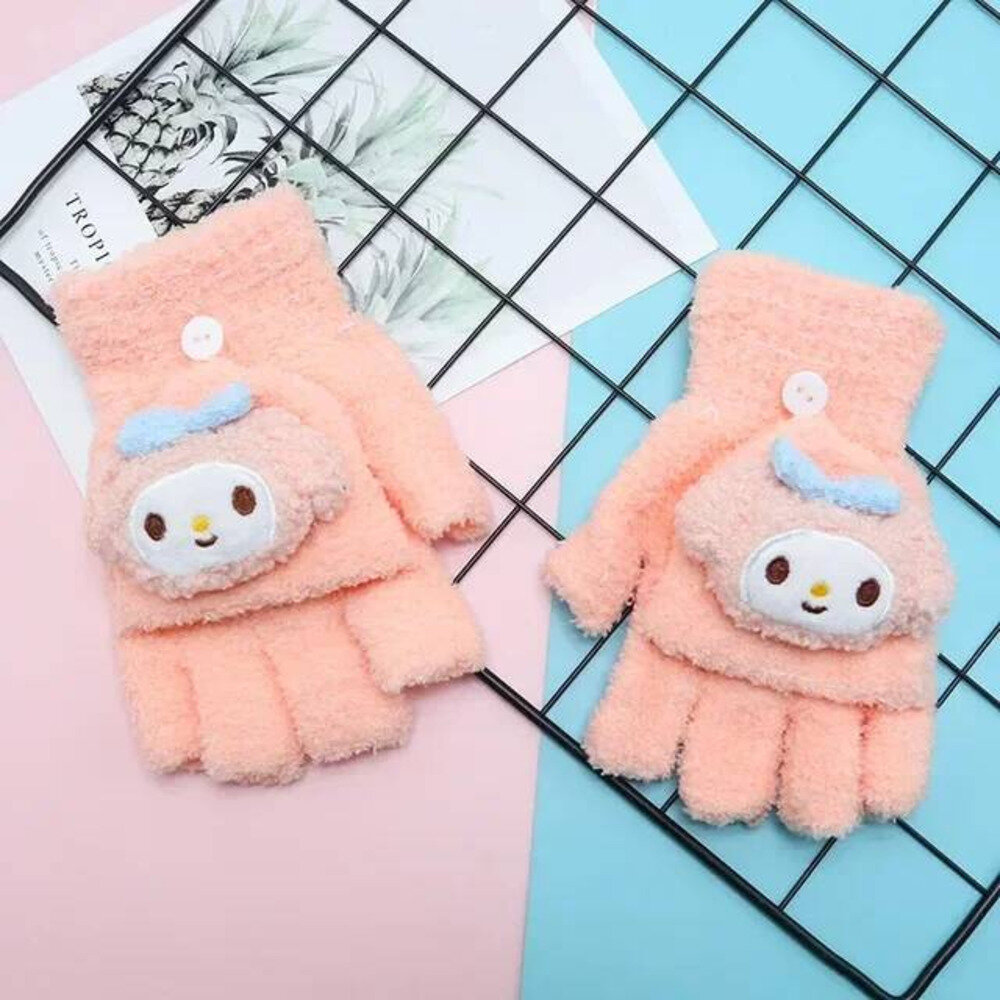 Женские вязаные перчатки Sanrio Cinnamoroll Melody Kuromi в стиле каваи с мультяшным рисунком, теплые, с откидной крышкой и без пальцев, Hello Kitty, Y2k, непромокаемые.