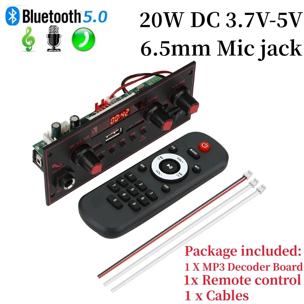 Bluetooth 5.0 MP3 Decoder Board 20W 6.5mm Mic Jack, Big Remote Control