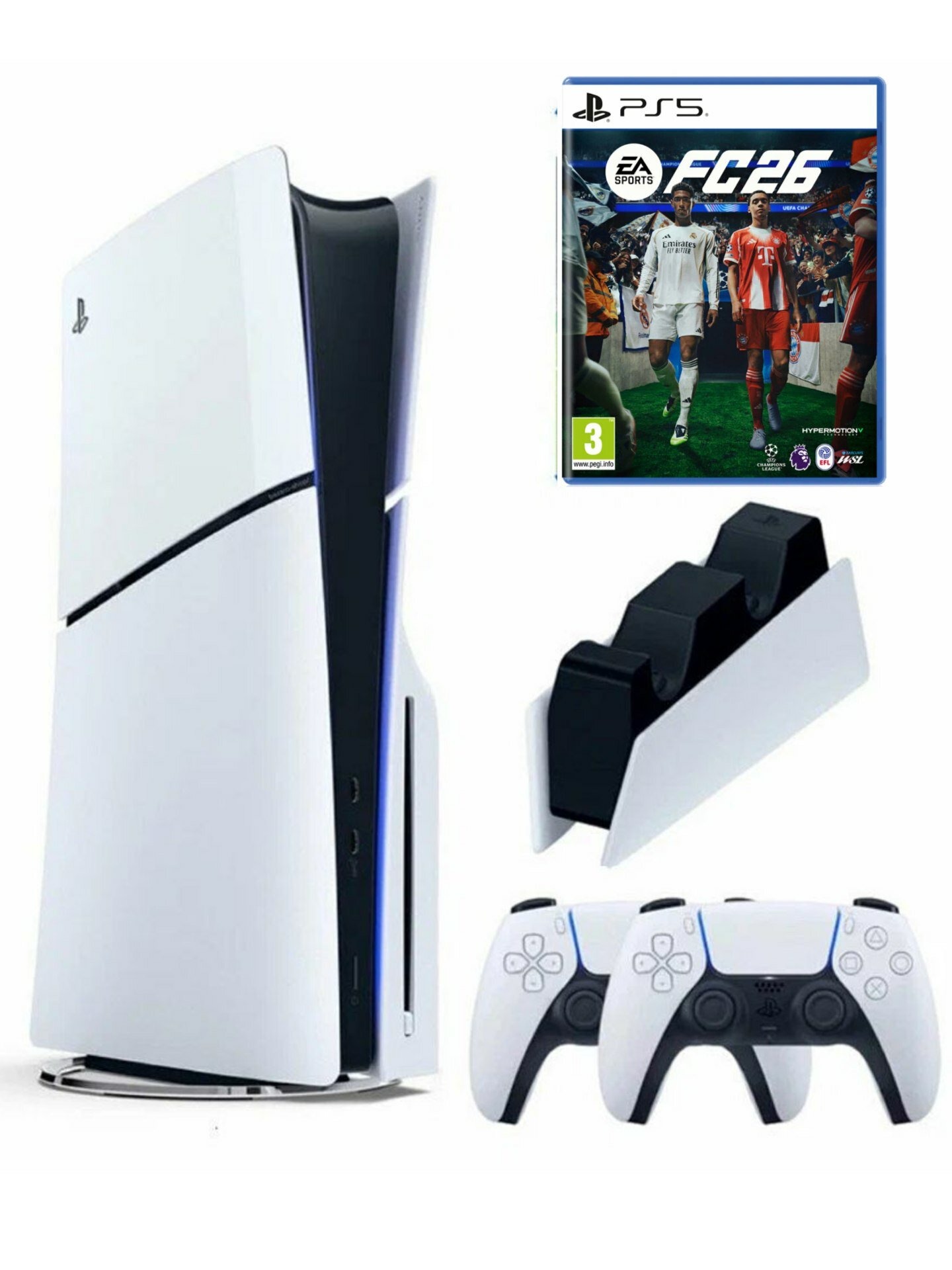 Игровая консоль Sony PlayStation 5 Slim, с дисководом, 1ТБ, зарядная станция, 2й геймпад (белый) + игра Fifa 26