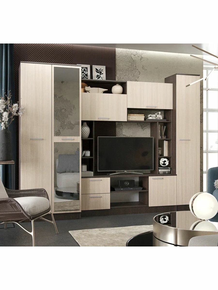 Гостиная Флора ЛДСП 2700х2100х560, Венге/Дуб беленый, с зеркалом, МИФ