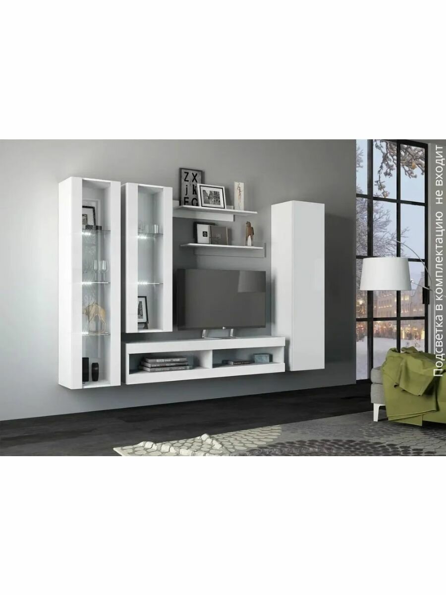 Гостиная Флорис Вариант №1 2400х1636х346, Белый/Пластер Бьянко, МИФ