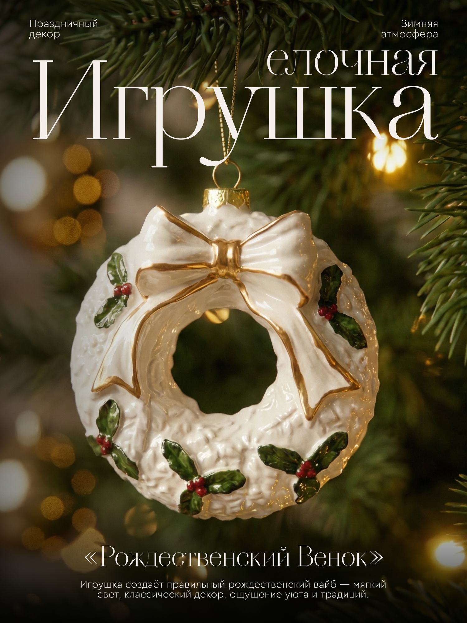 Новогодняя игрушка "Счастливый ангел" "Новогодний венок", диаметр 9 см, белый