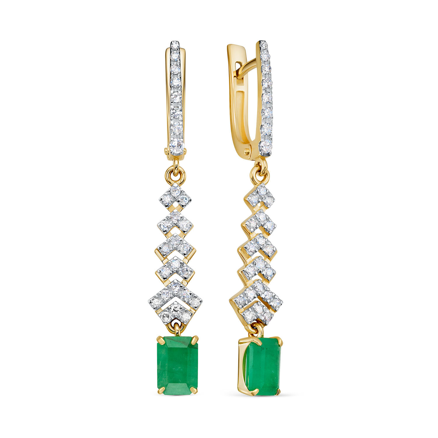 Серьги JEWELIN, желтое золото, 585 проба, бриллиант, изумруд