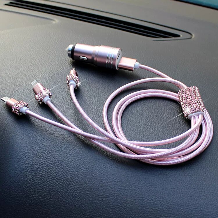 Розовый автомобильный зарядное устройство с двойным USB и прикуривателем, кабель в комплекте, быстрая зарядка для
