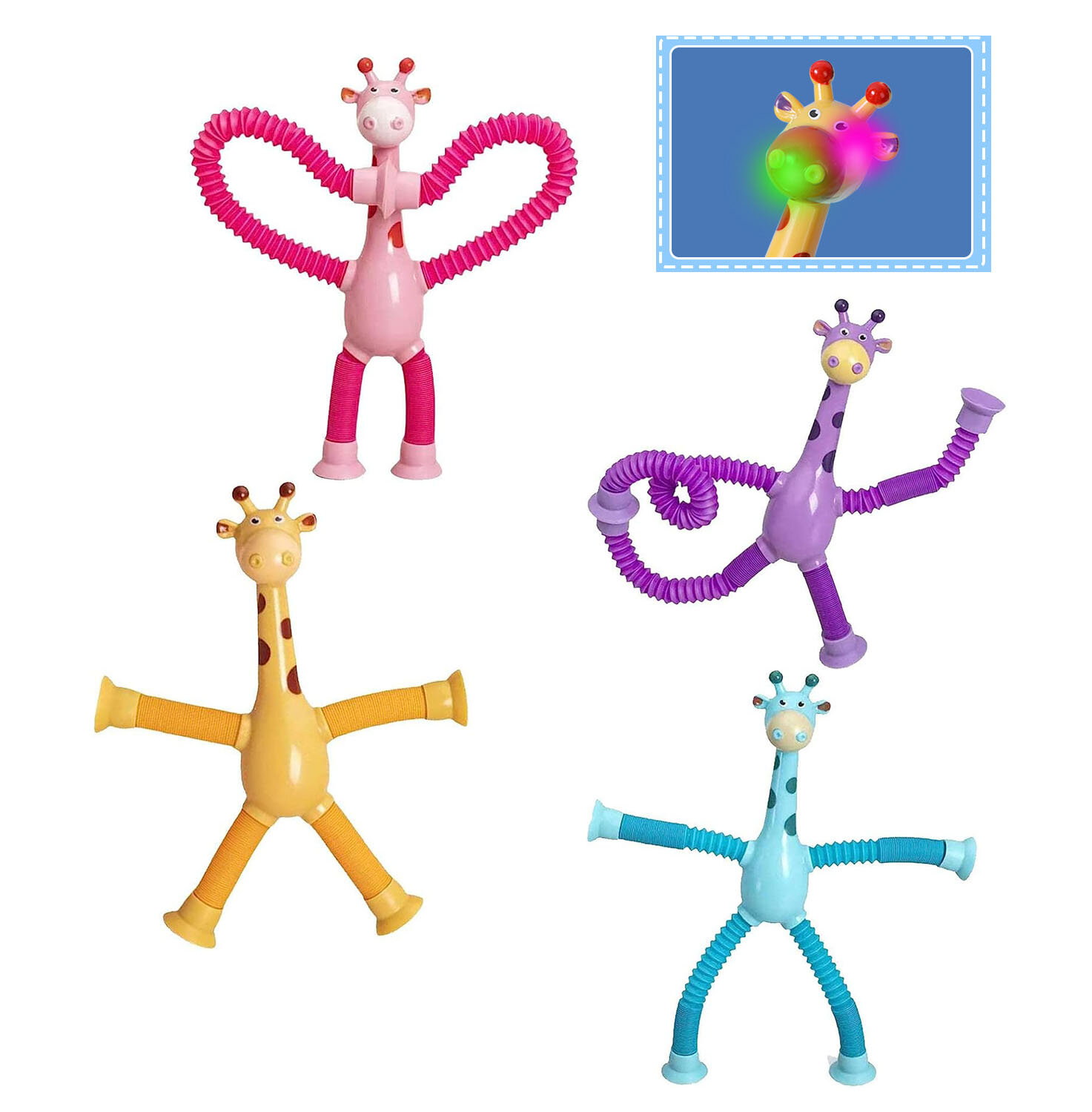 4Pcs Telescopic Suction Cup Giraffe Toy, Cartoon Telescopic Pipe Giraffe with Suction Cup, Stretch Tube Giraffe with Light, Giraffe Puzzle Parent-Child Interactive Toy (with lights), Size 18x14cm, Material ABS