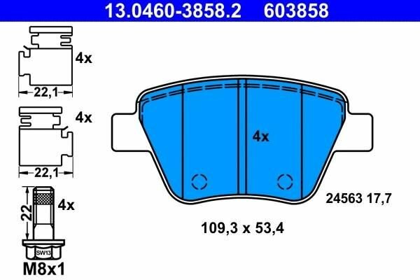 Колодки тормозные ATE 13-0460-3858-2, задние, Audi A1 10, A3 03-13, Seat Altea, XL 04, Leon 05, Skoda Octavia 04-13, Superb 08, Yeti 09, Volkswagen Beetle 11, Caddy III 04, Eos 06, Golf VI 08