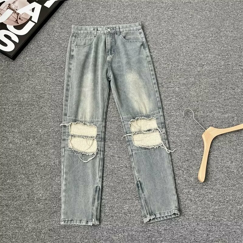 Тренд RONG CH Мужские Джинсы Молния Разделенная Потертые Вайб Деним, Размер_M