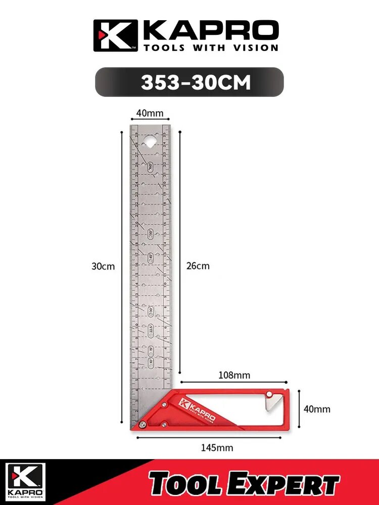 Линейка KAPRO 353-30CM, строительный угольник 300мм x 40мм, металлический, двусторонняя шкала