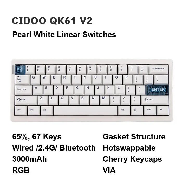 Cidoo Игровая клавиатура беспроводная , (CIDOO Pearl White), Английская раскладка, белый