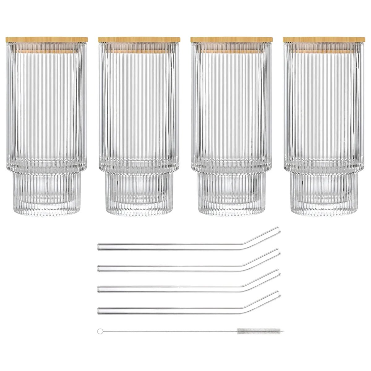 Набор Из 4 Рифленых Стеклянных Стаканчиков Для Коктейлей С Крышками И Трубочками, Винтажный Стиль, 350 Мл, Для Коктейлей, Виски
