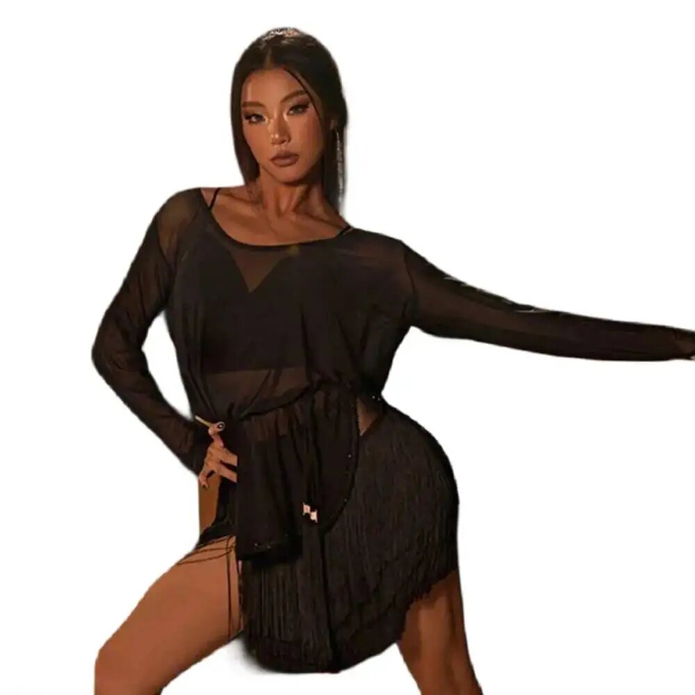 Женская латиноамериканская танцевальная одежда S, Mesh Top bra Skirt