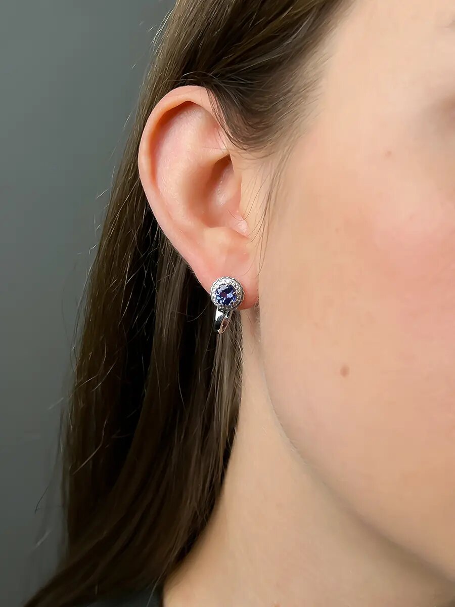 Серьги, белое золото, 375 проба, родирование, бриллиант, танзанит