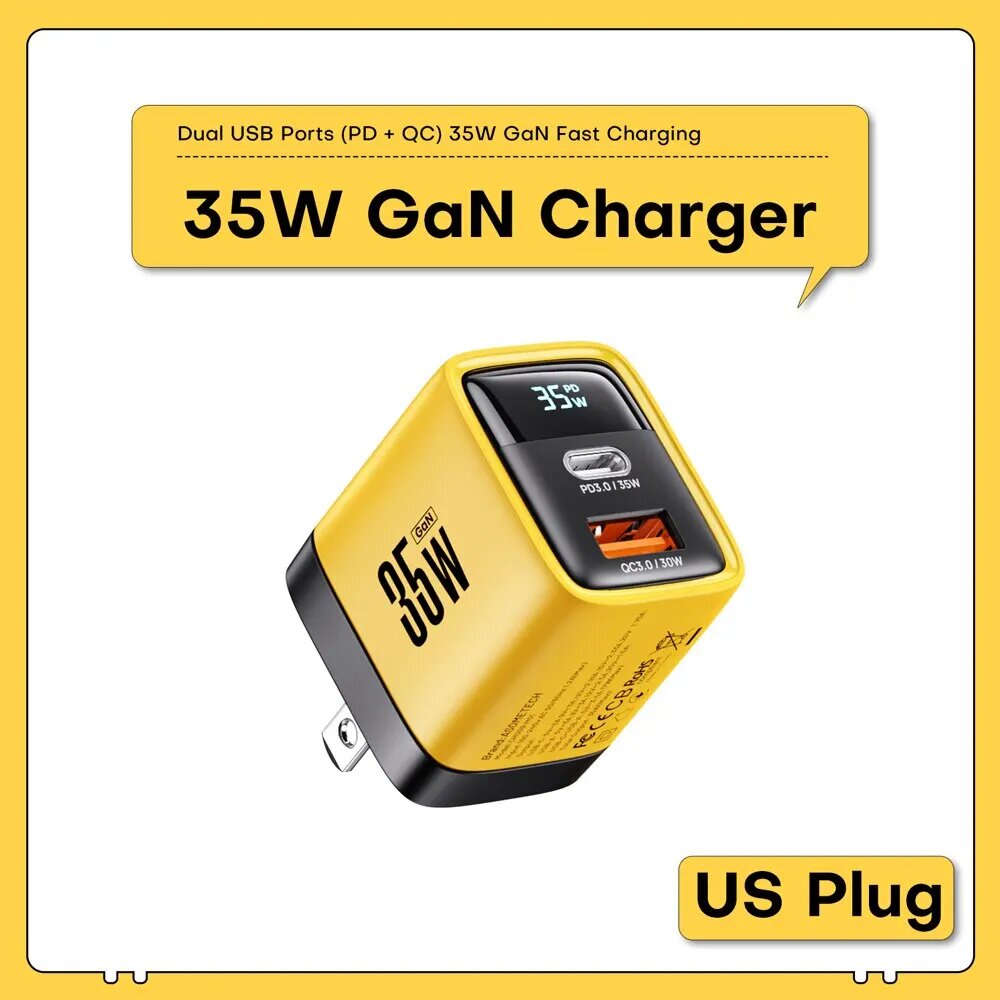 35W GaN Зарядное Устройство с US Plug, Dual USB