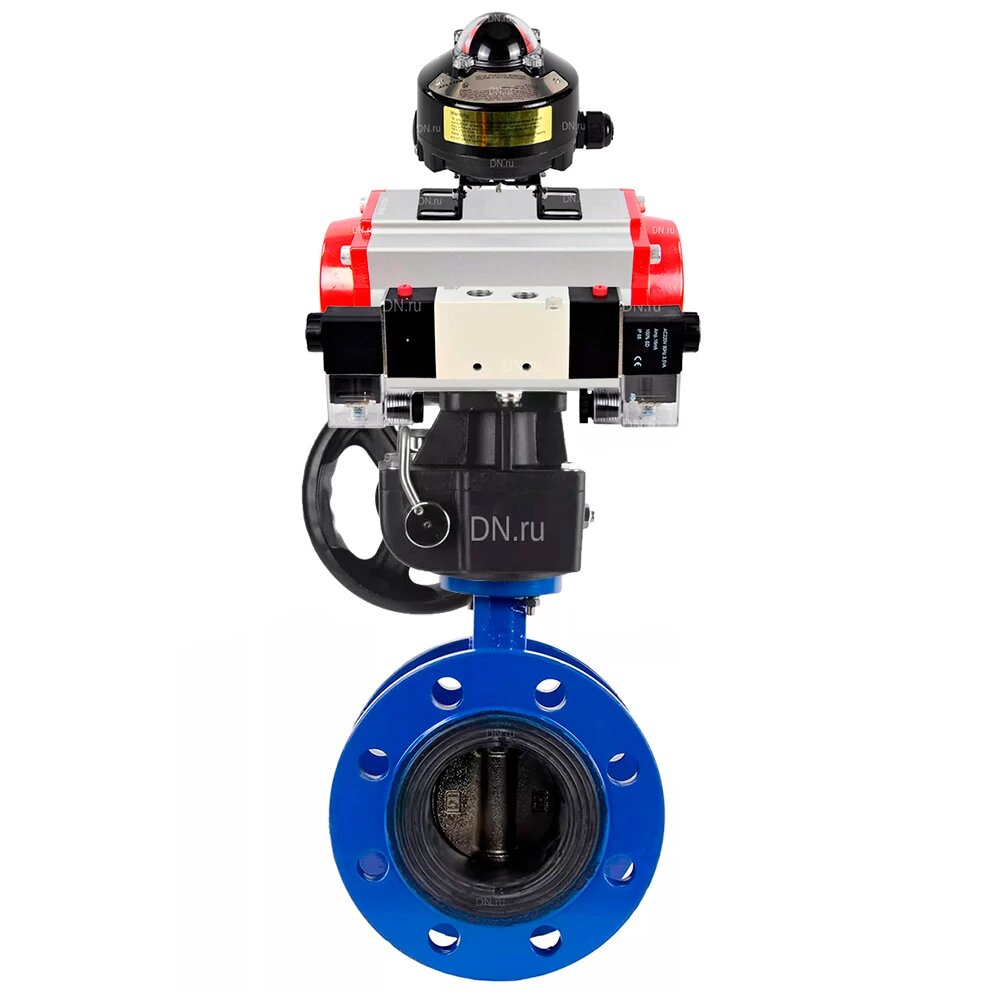 Затвор дисковый поворотный DN. ru GGG40-304-EPDM-2W-F-H Ду65 Ру16 корпус - чугун GGG40, диск - нерж. сталь 304, EPDM, с пневмоприводом DA-105, пневмораспределителем PND1-S2EM-52-2-T10-220VAC, БКВ LSB-510-02ExM12-250 и ручным дублером HDM-3