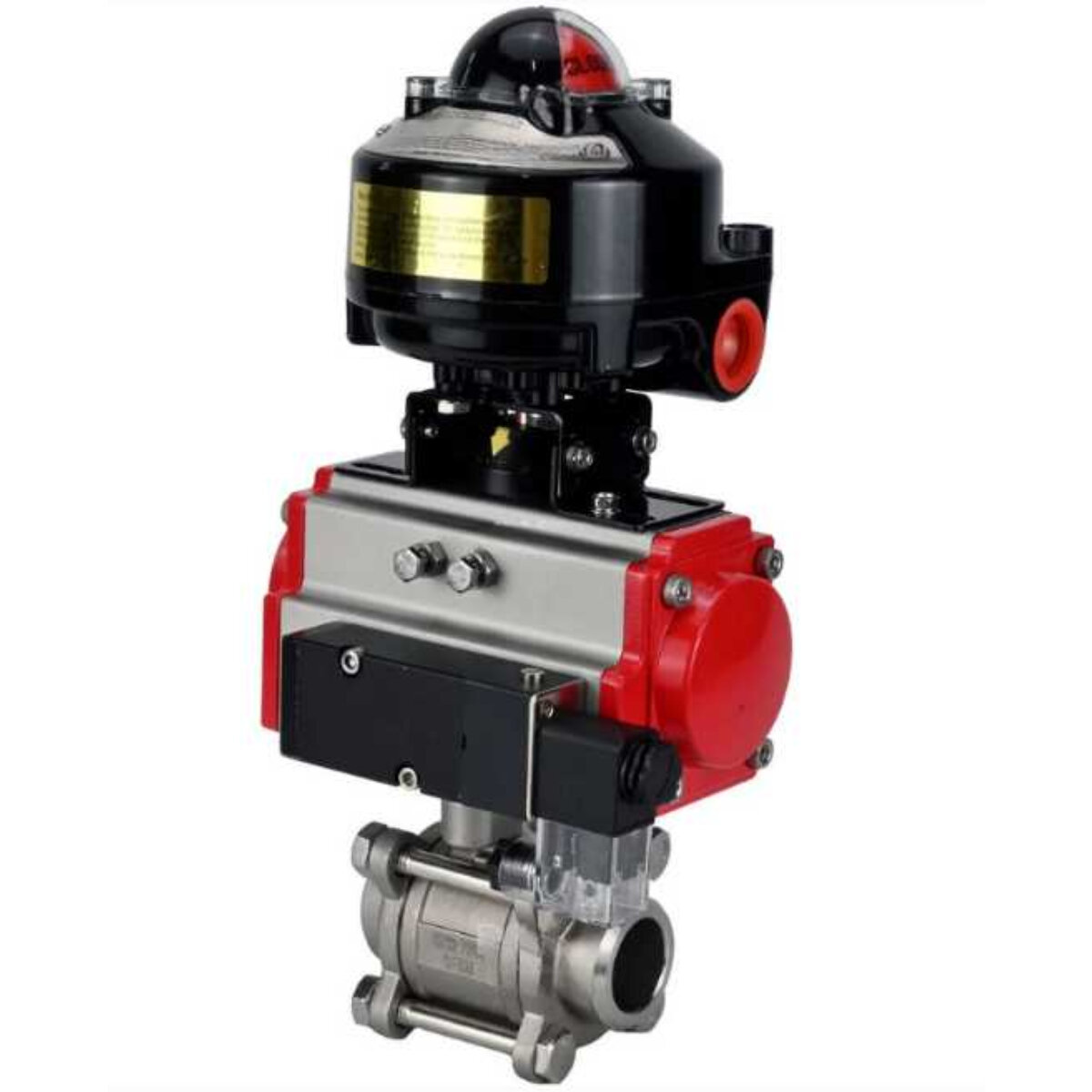 Кран шаровой DN.ru 316-316-PTFE-FP-W-ISO-H WDVF Ду20 Ру63 полнопроходной, трехсоставной, корпус - нержавеющая сталь 316, уплотнение - PTFE, под приварку, с пневмоприводом DA-052, пневмораспределителем PND2-S1EM-52-1NC-J08-24VDC, БКВ LSB-510-02ExM12-250