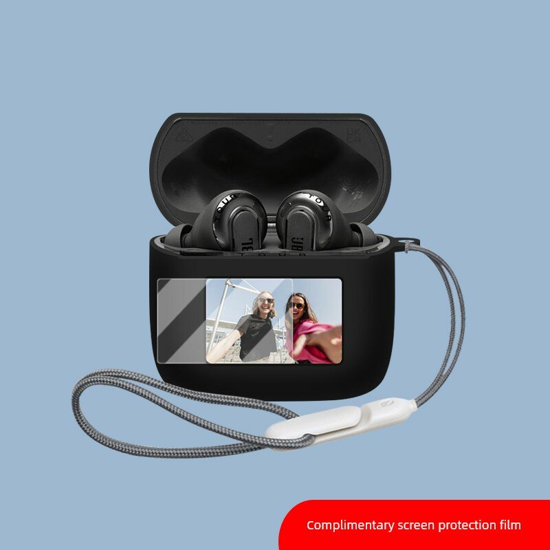 Чехол JBL TOUR PRO 3 матового черного цвета с прозрачной защитной пленкой и регулируемым шнуром
