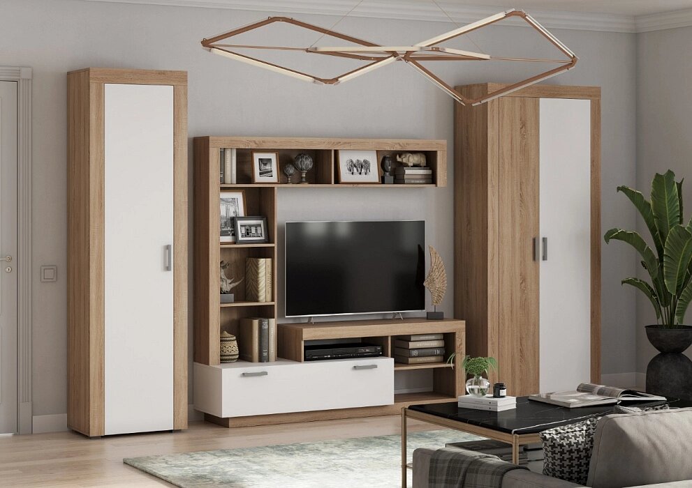 Модульная гостиная 2 центральная секция, шкаф двухстворчатый, пенал, Ангара, 318.9х207х41.6 см Дуб Сонома / Белый глянец