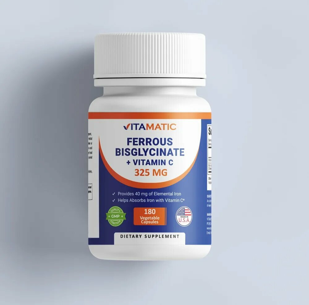 Бисглицинат железа VITAMATIC, с витамином С, капсулы, 325мг, 180шт