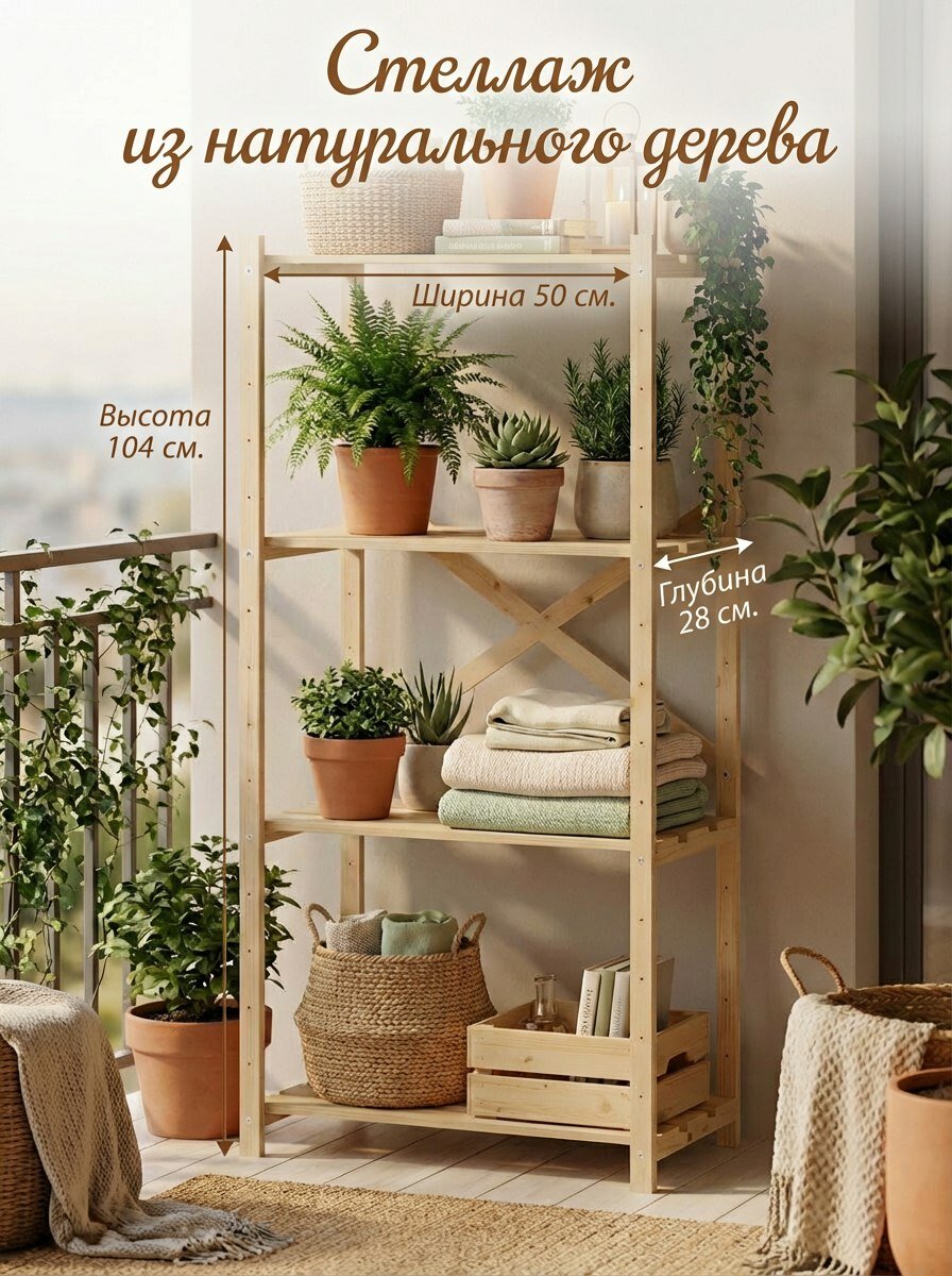 Стеллаж деревянный/этажерка 50х28х104 см, 4 полки, массив сосны