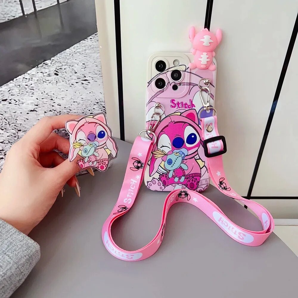 Чехол-накладка с держателем-ремешком и рисунком Стич для iPhone 17 Pro Розовый, Pink, For iPhone 12