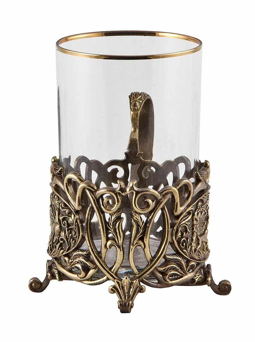 Подстаканник "Охота" (стакан-стекло с золотым ободком, деревянный футляр) ПД-223