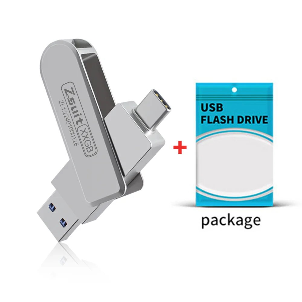 USB-флеш-накопители Zsuit, поворотный флэш-накопитель USB-C, 64 ГБ, 128 ГБ, USB3.0 Type-C, диск 2 в 1 U для iPhone, ноутбуков, память